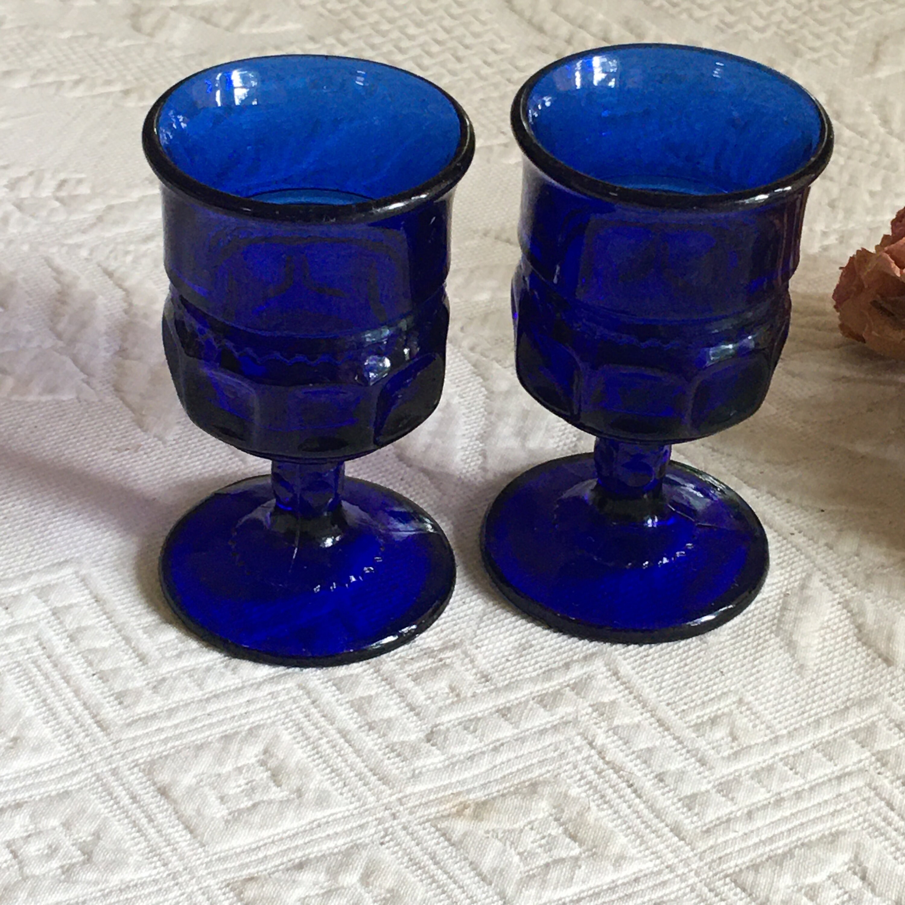 Vintage 2 Cobalt Blue Thumb Print Design Footed Shot Glasses. | Etsy