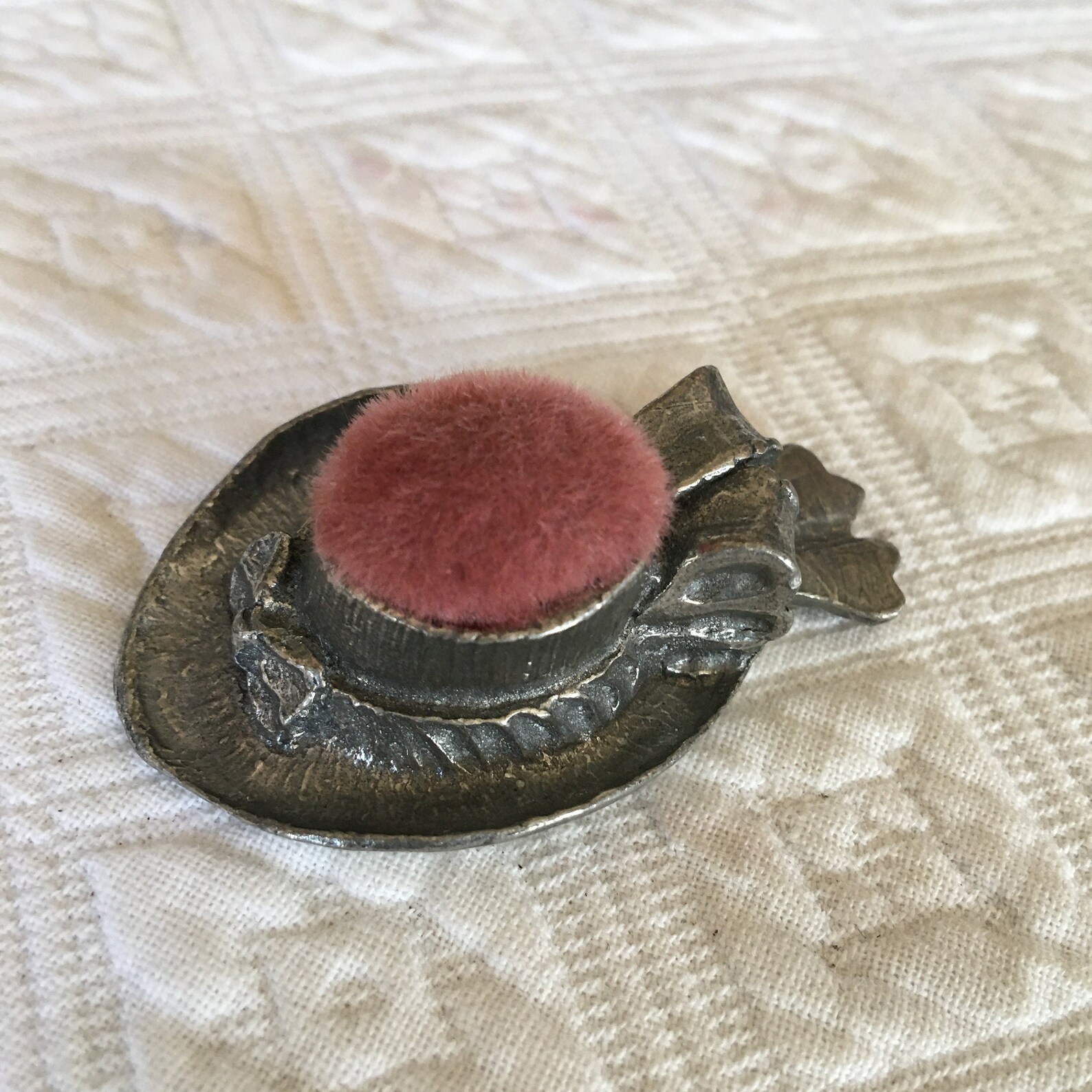 Antique Pin Cushion. Mini Vict. Hat Cushion. Antique Silver Pewter Lady ...