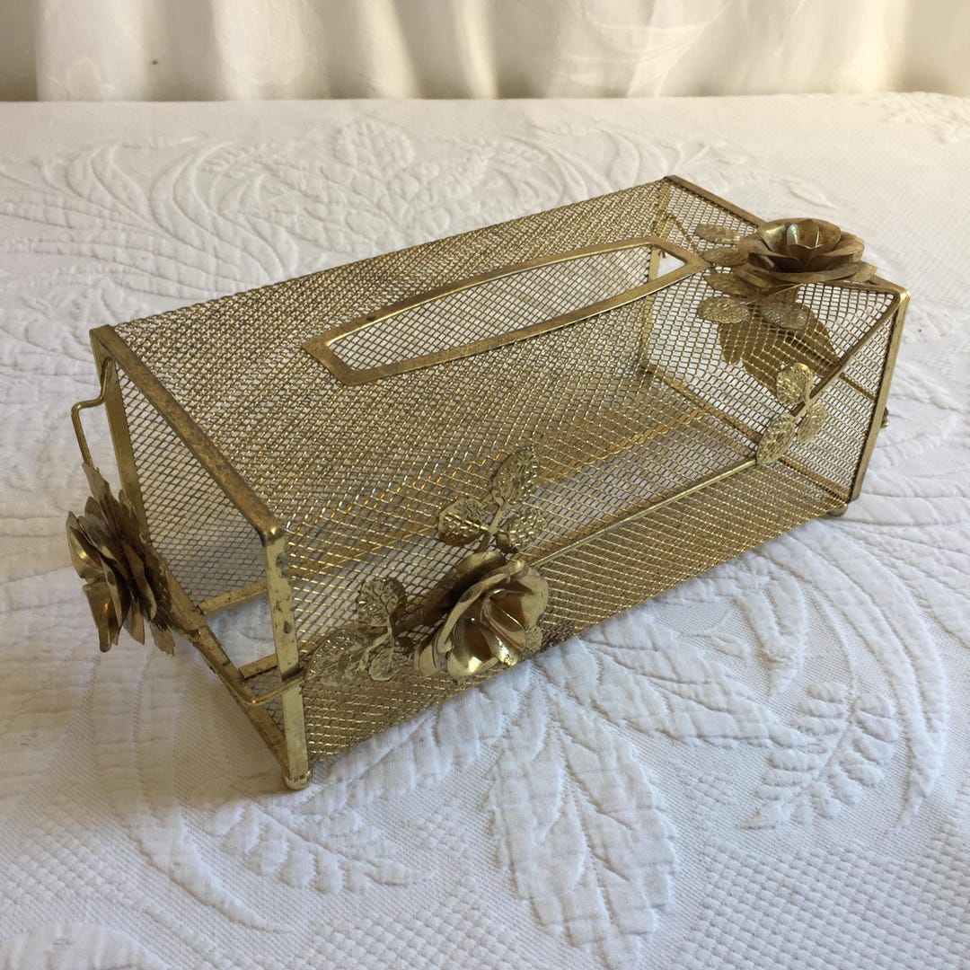 Vintage Brass Tissue Box Cover. Metal Screen With Roses and Leaves ...