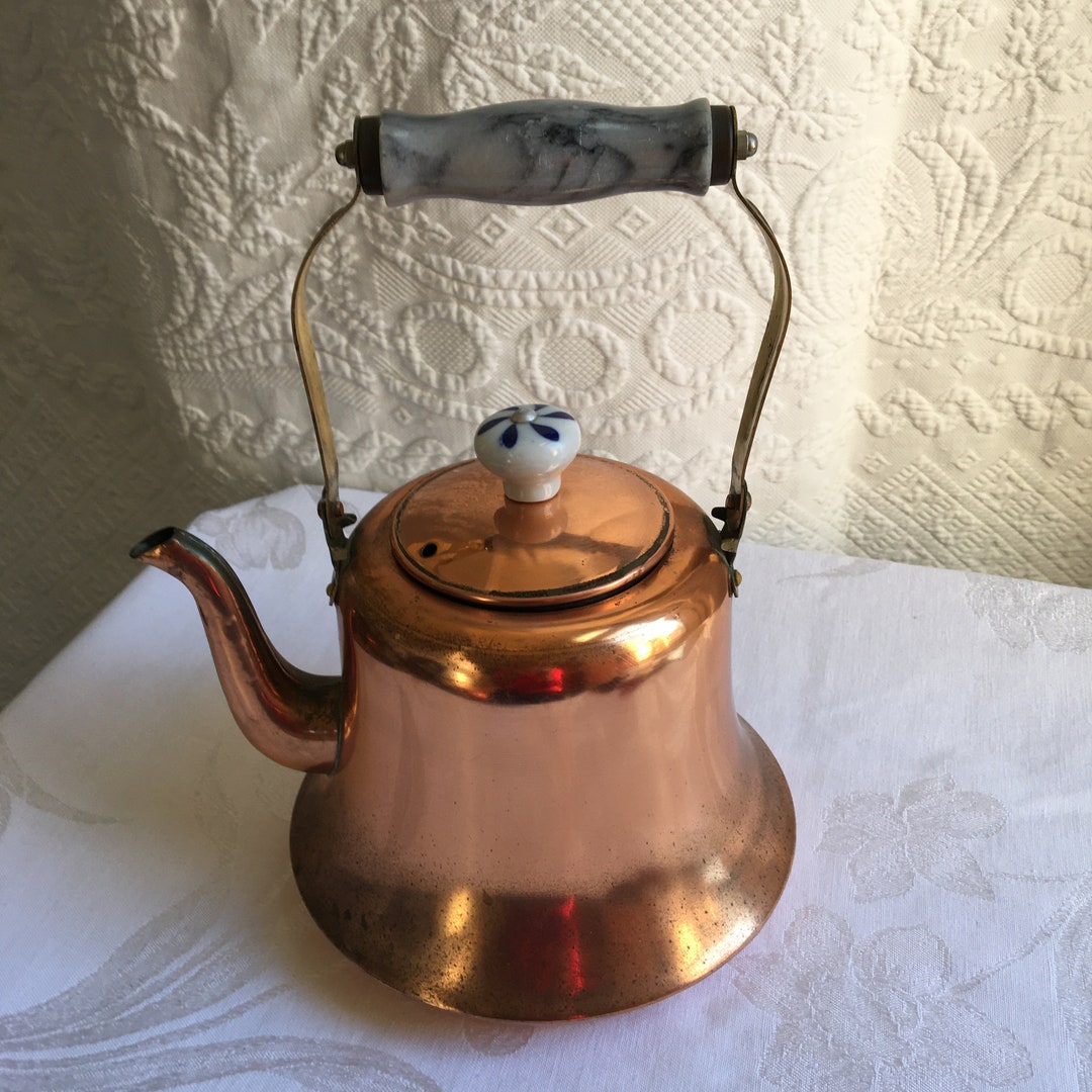 Vintage Copper Teapot Marble and Brass Handle, Ceramic Blue and White ...