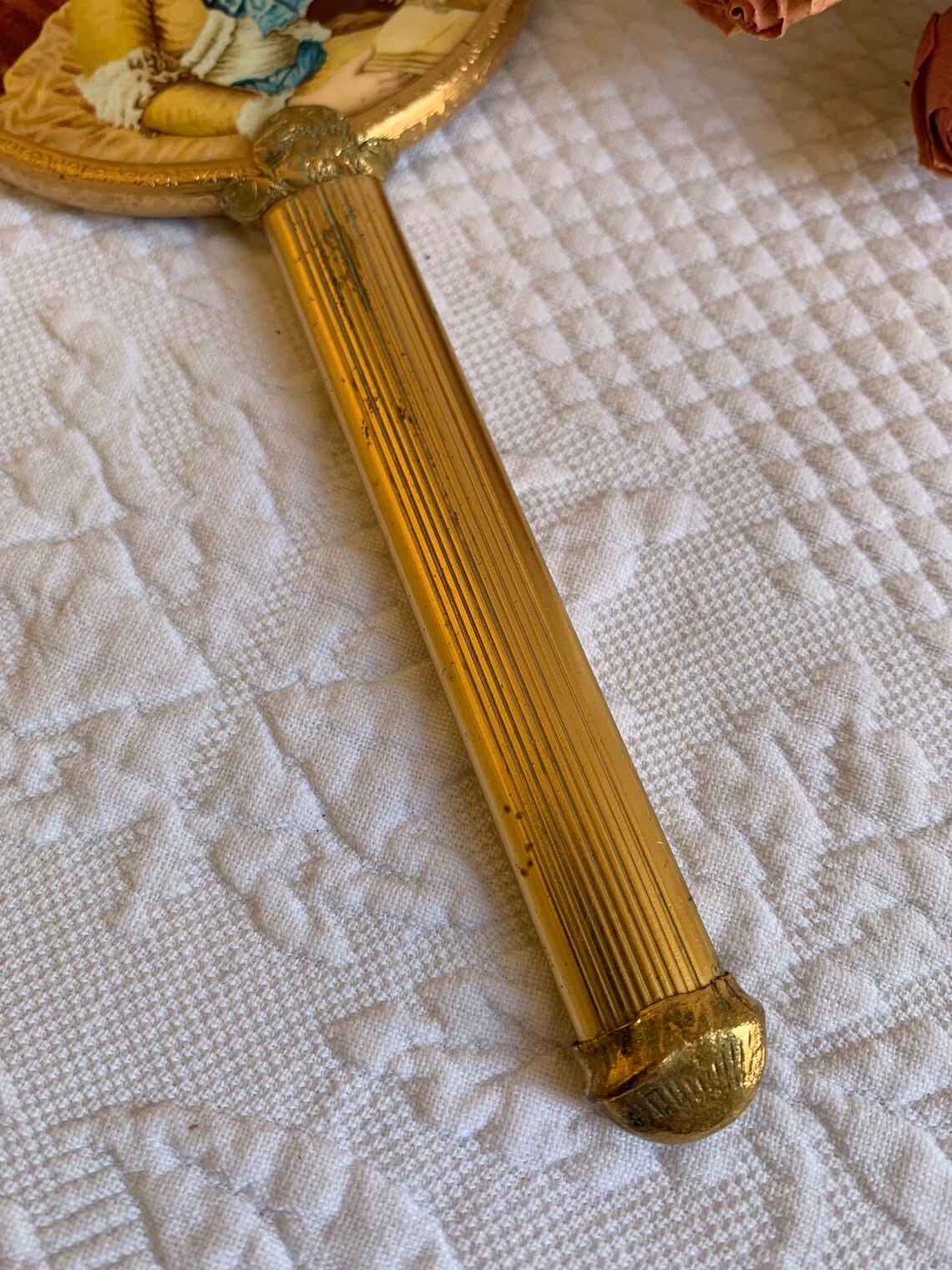 Vintage French Colonial Hand Mirror. Gold Tone Pillar Look Handle ...