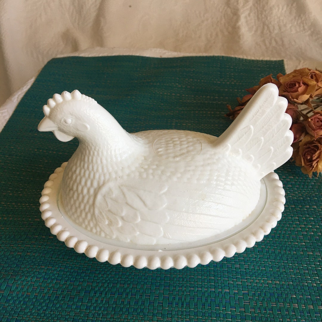 Vintage White or Clear Glass Hen Dish. Large Hen on Nest Bowl With Lid ...