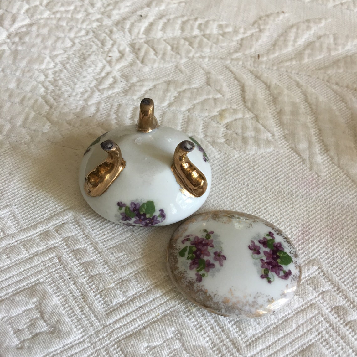 Vintage Porcelain Trinket Box. Violet Painted Legged Oval Shaped ...