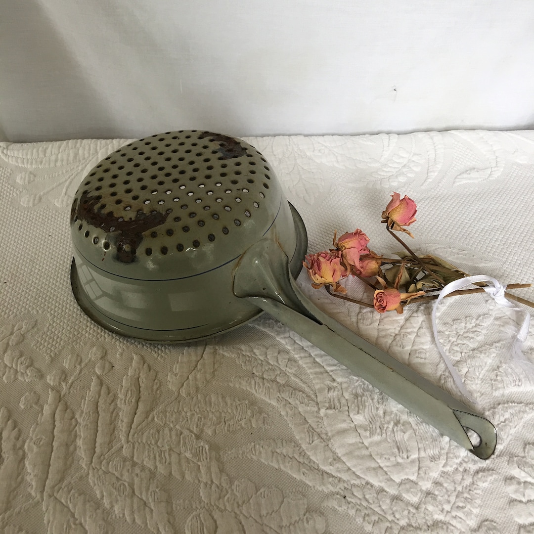Antique Enamelware Colander or Strainer. Handle With Hanging Hole and ...