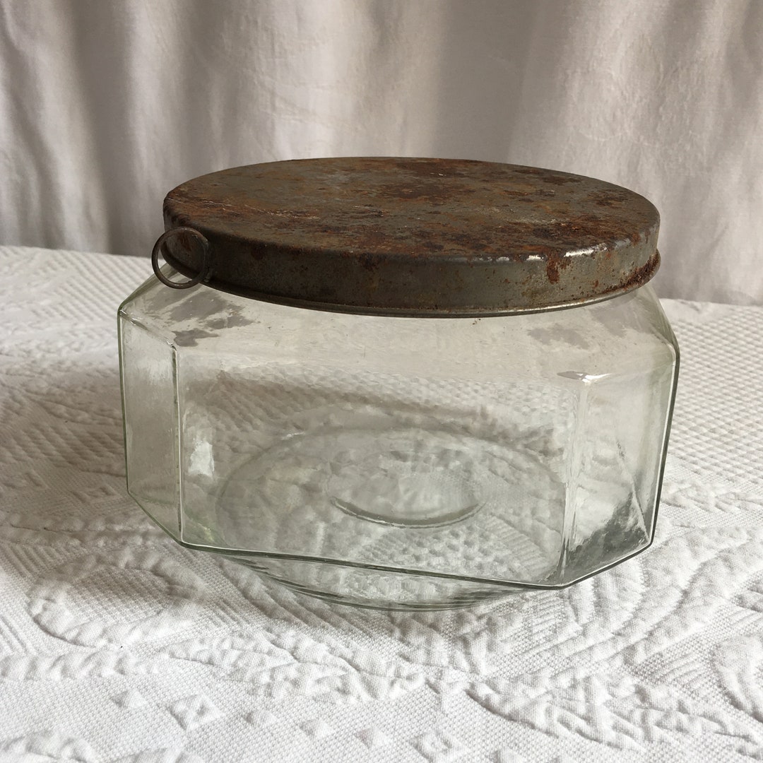 Antique Octagon Shaped Glass Jar With Tin Lid With Ring Side Handle ...
