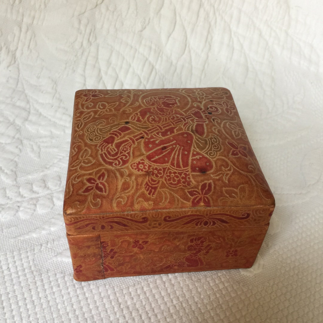 Vintage Embossed Leather Covered Box With Indian Musical Figure and ...