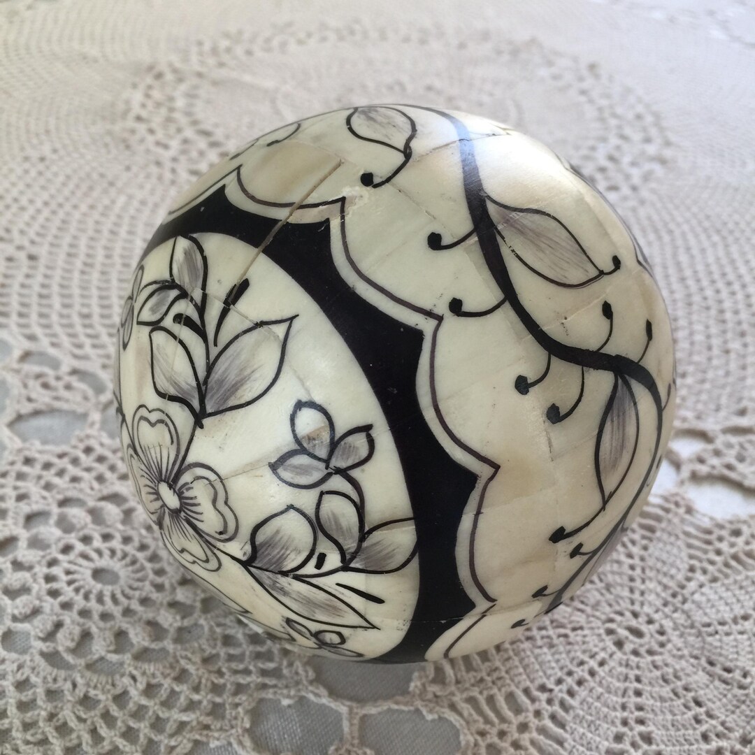 Vintage Bone Hand Painted Leaf and Floral Decorative Ball W/ Tile Type ...
