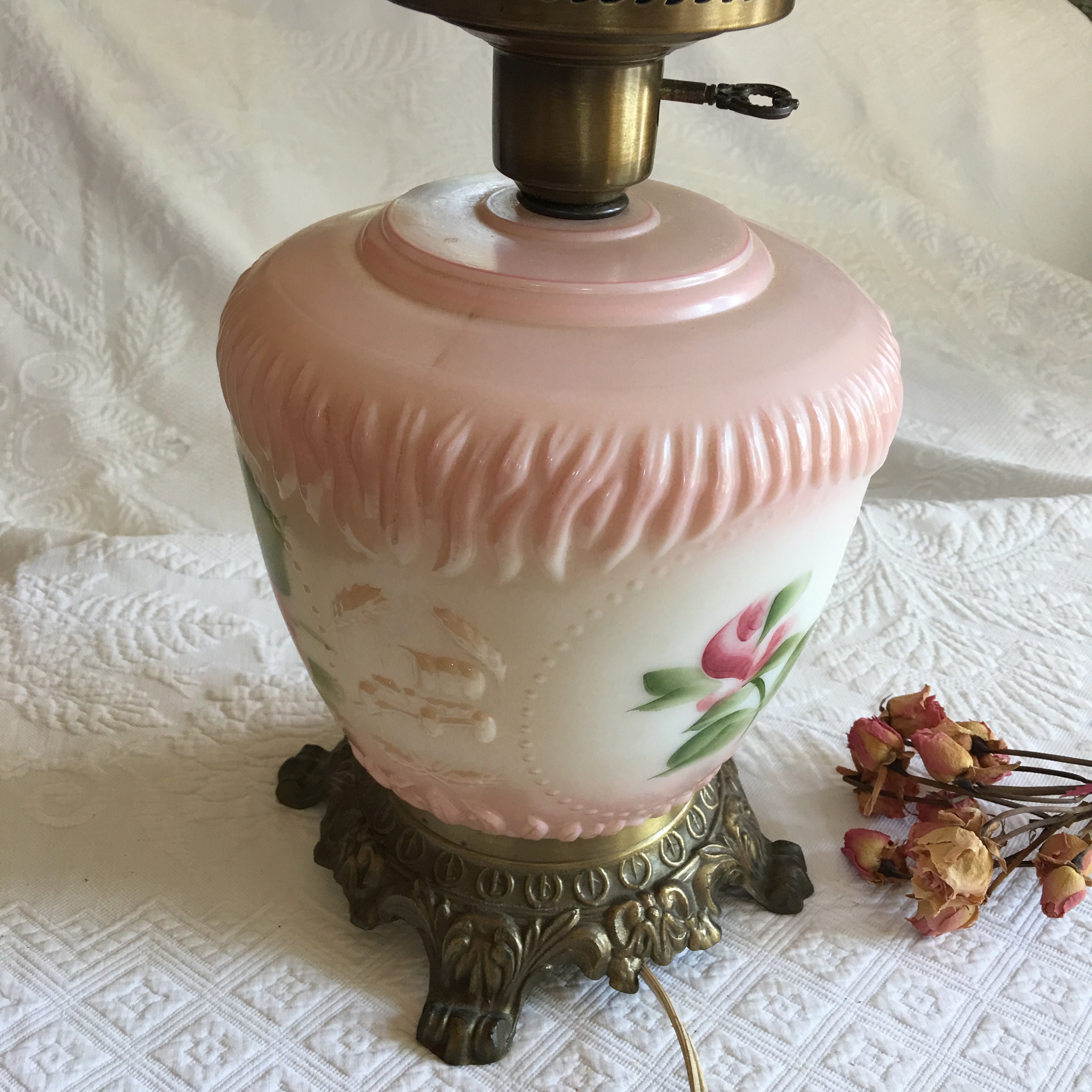 Antique Glass Victorian Lamp With Hurricane Shade. Gold Ornate Metal ...