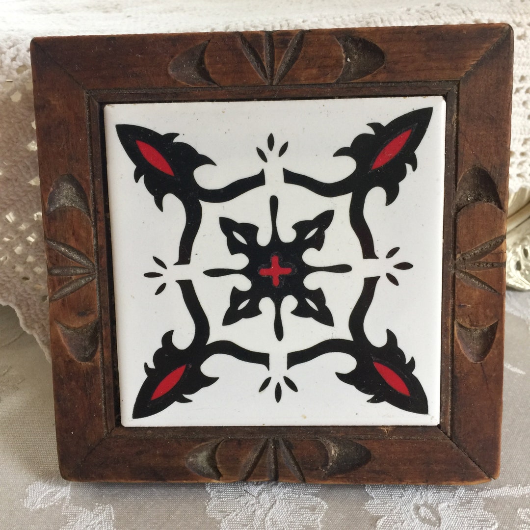Vintage Tile Trivet Made in Mexico. Carved Wood Frame Around White ...