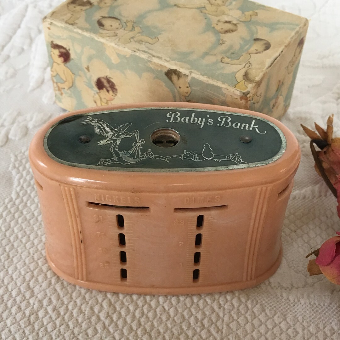 Vintage Celluloid and Metal Child's Bank. Stork Design With Baby's Bank ...