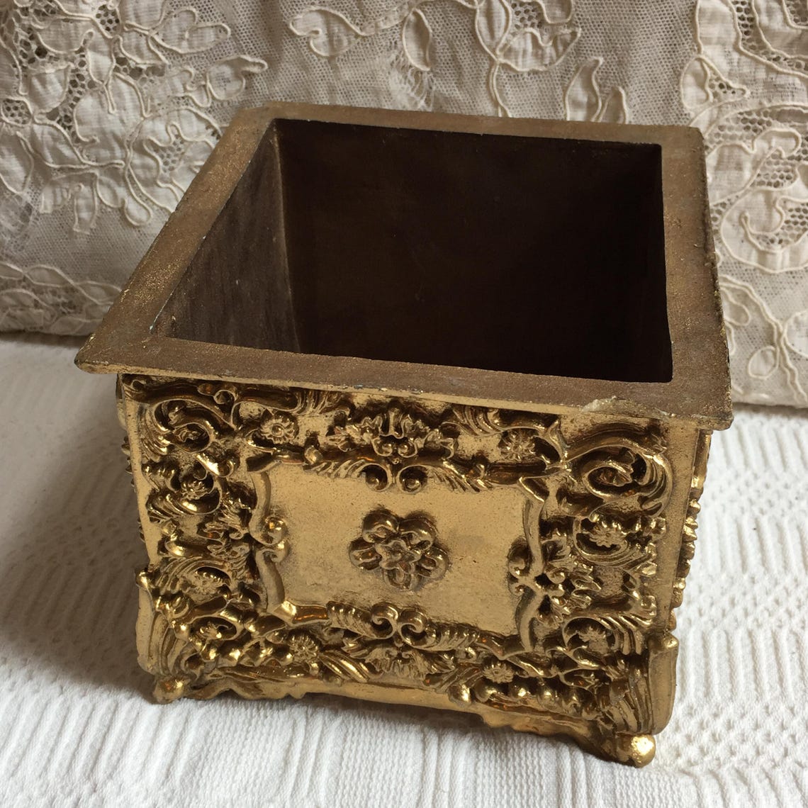 Vintage Gold Molded Composite Box With Legs on Bottom. Fancy Molded ...