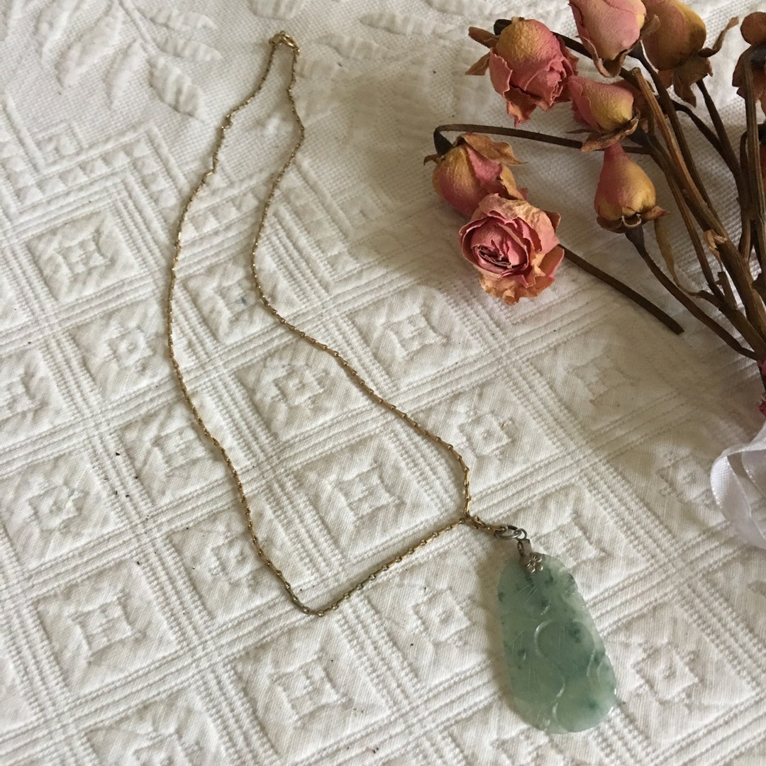 Vintage Jade Pendent 12 Kt GF 17" Chain. Etched and Carved Jade Pendent ...