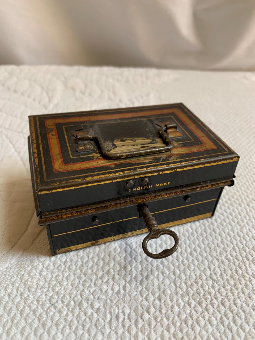 Vintage Cash Box Style Black and Gold Metal Locking Box With Key ...