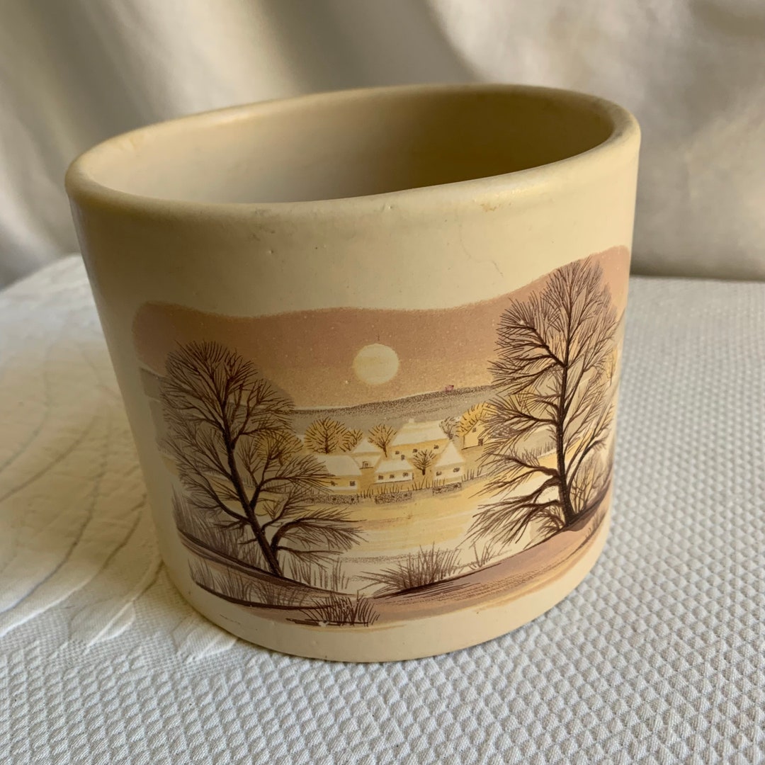 Vintage Beige Pottery Crock With Moon Shining in the Sky Over a Town ...