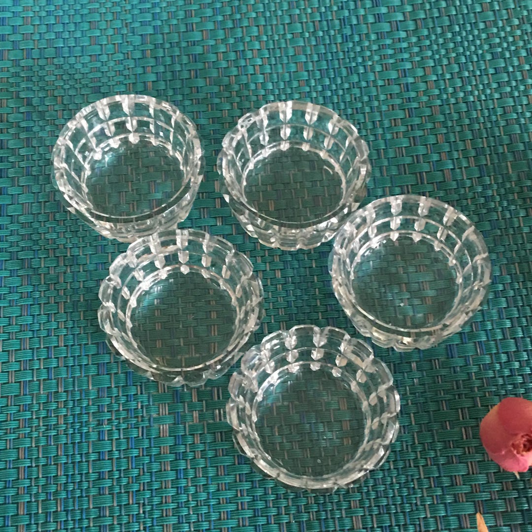 Vintage 5 Glass Salt Cellars Round W/ Three Rows of Faceted Square ...