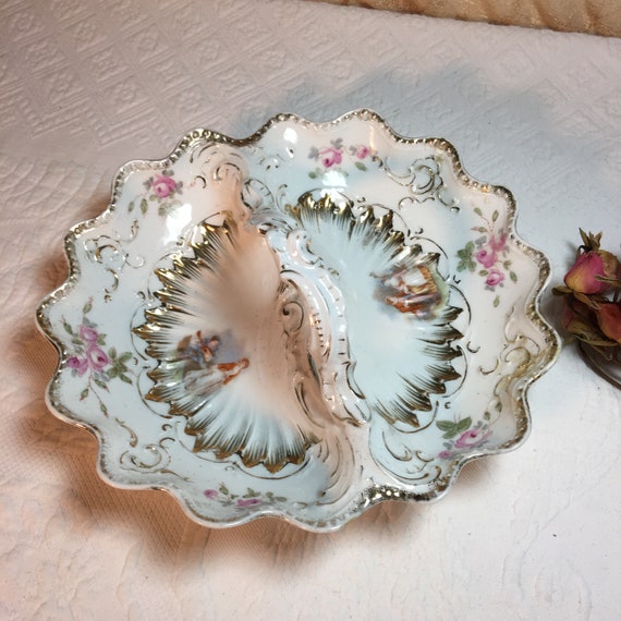 Vintage Two Sectioned Fancy Serving Dish in White With Gold - Etsy