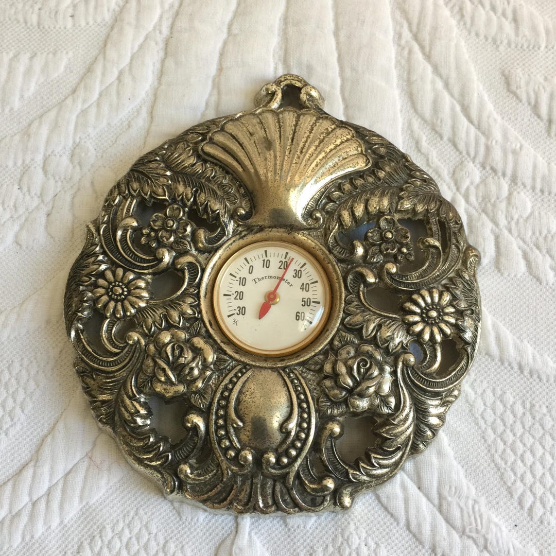 Vintage Fancy Silver Plate Thermometer. Molded Shell, Swirls and Flower ...