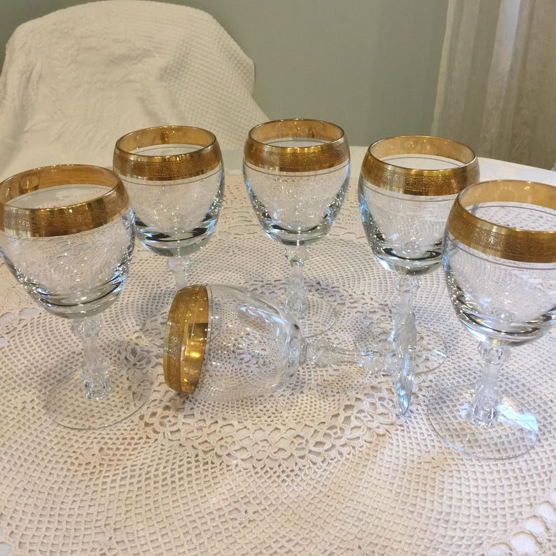 Vintage 6 Gold Rimmed Etched Stemware Wine or Water Glasses. Faceted ...