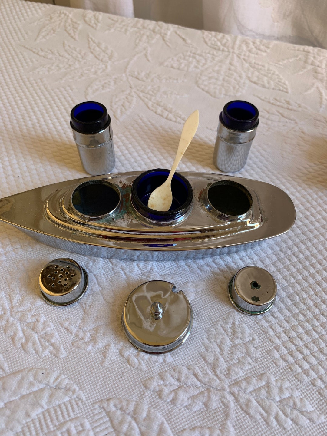 Vintage 1960s Silver Plate Condiment Server Cruise Ship Style Salt and ...