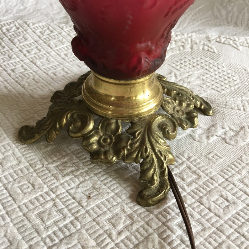 Antique Glass Victorian Rose Lamp W/ Hurricane Shade. Dark Pink Molded ...