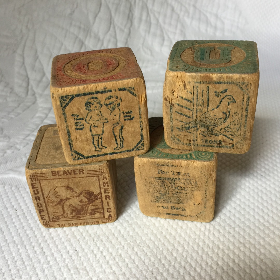 4 Antique Wooden Baby Blocks With Pictures, Letters and Two Sides With ...
