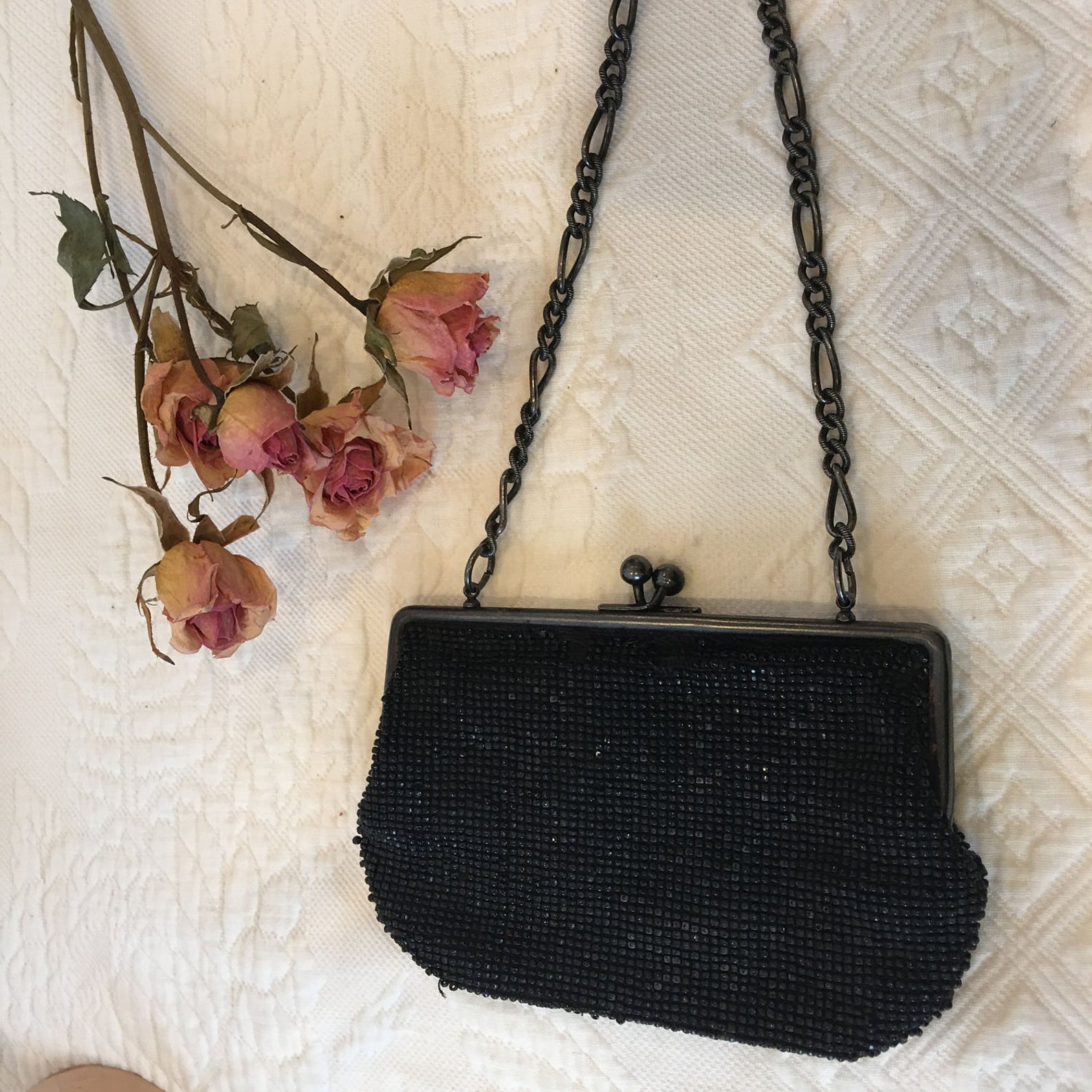 Vintage Black Beaded Coin Purse on Chain. Small Purse Coin Purse in ...