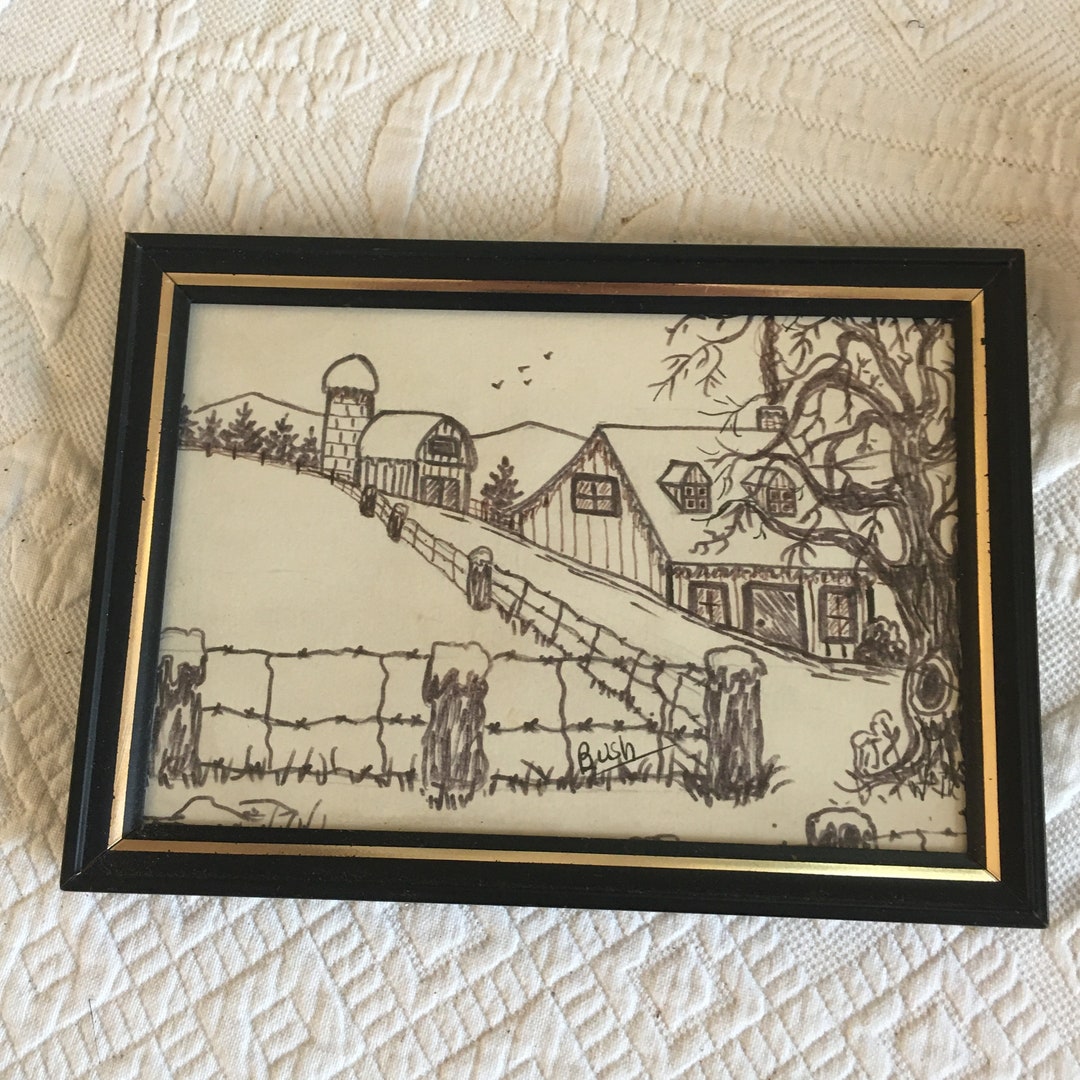 Vintage Pen or Marker Drawing of a Farm, Fence and Tree. the Artist is ...