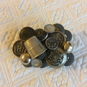 Vintage Button Brooch. Hand Made Silver Buttons and Thimble Covering a ...