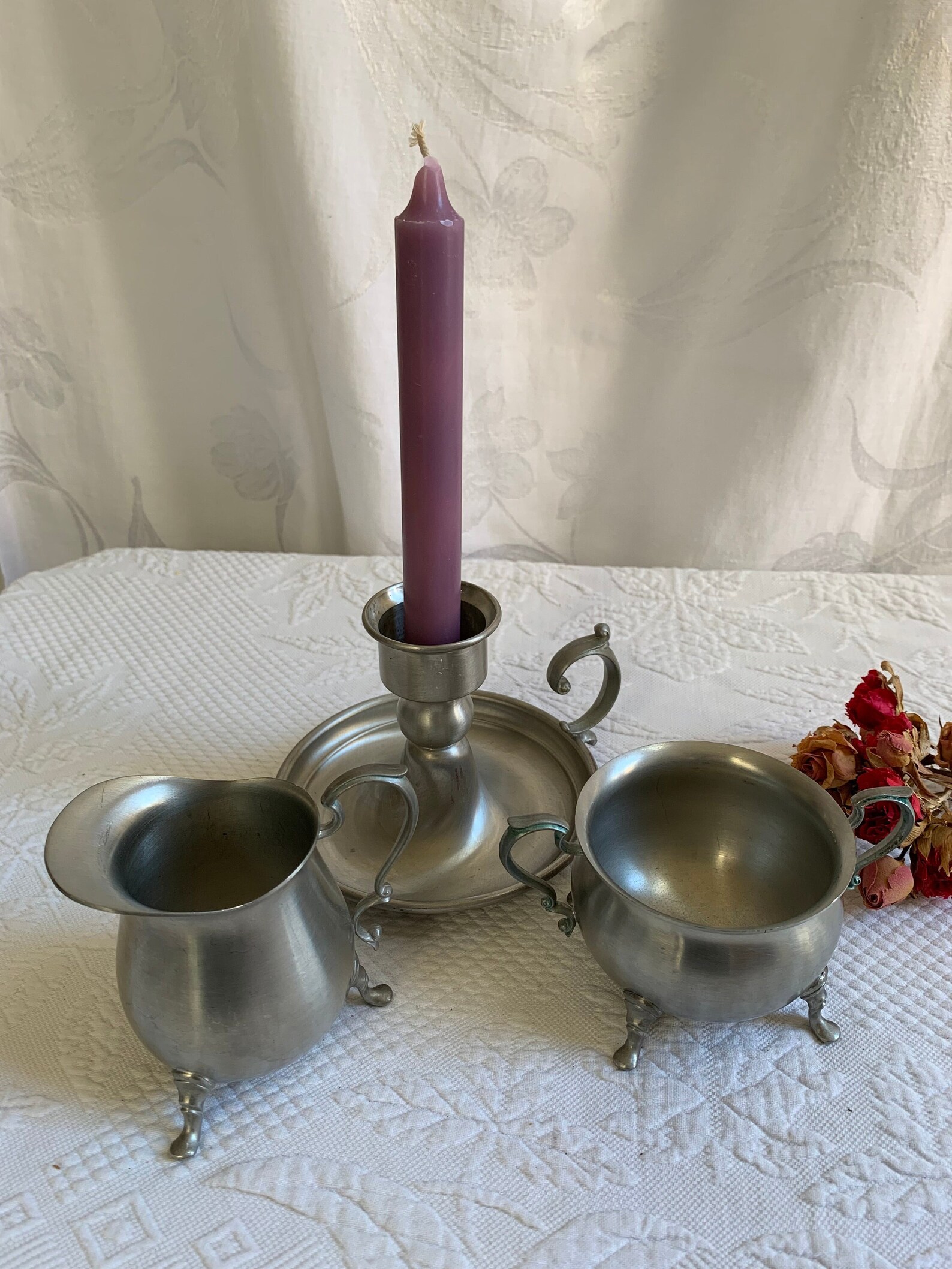 Vintage Web Pewter Candlestick and Cream and Sugar. Early American ...