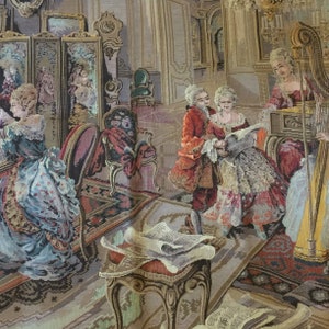 Vintage French Colonial Musical Tapestry. Harpsicord, Harp, Reading and ...