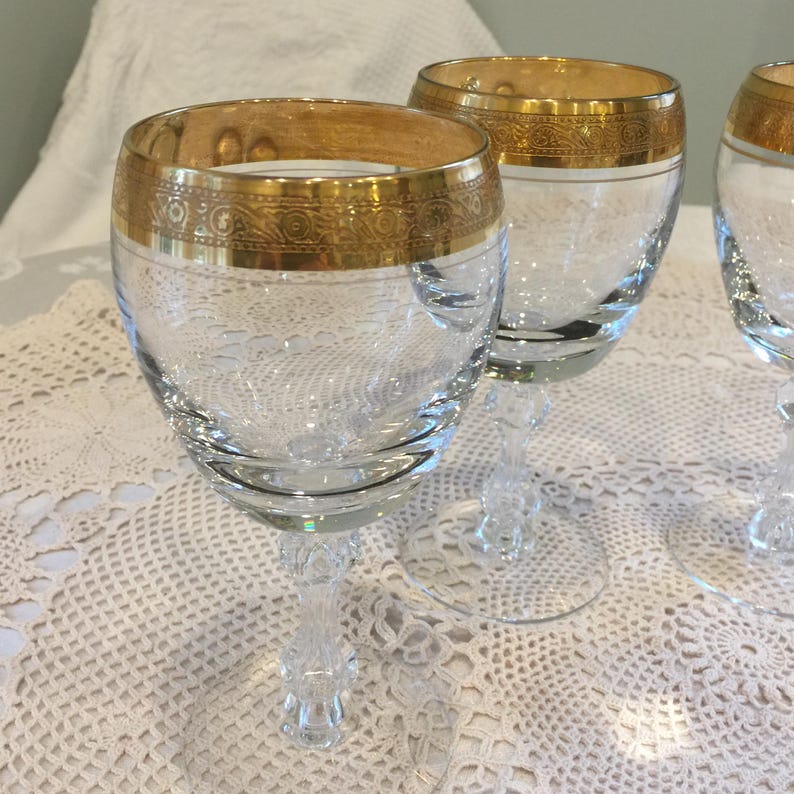 Vintage 6 Gold Rimmed Etched Stemware Wine or Water Glasses. Faceted ...