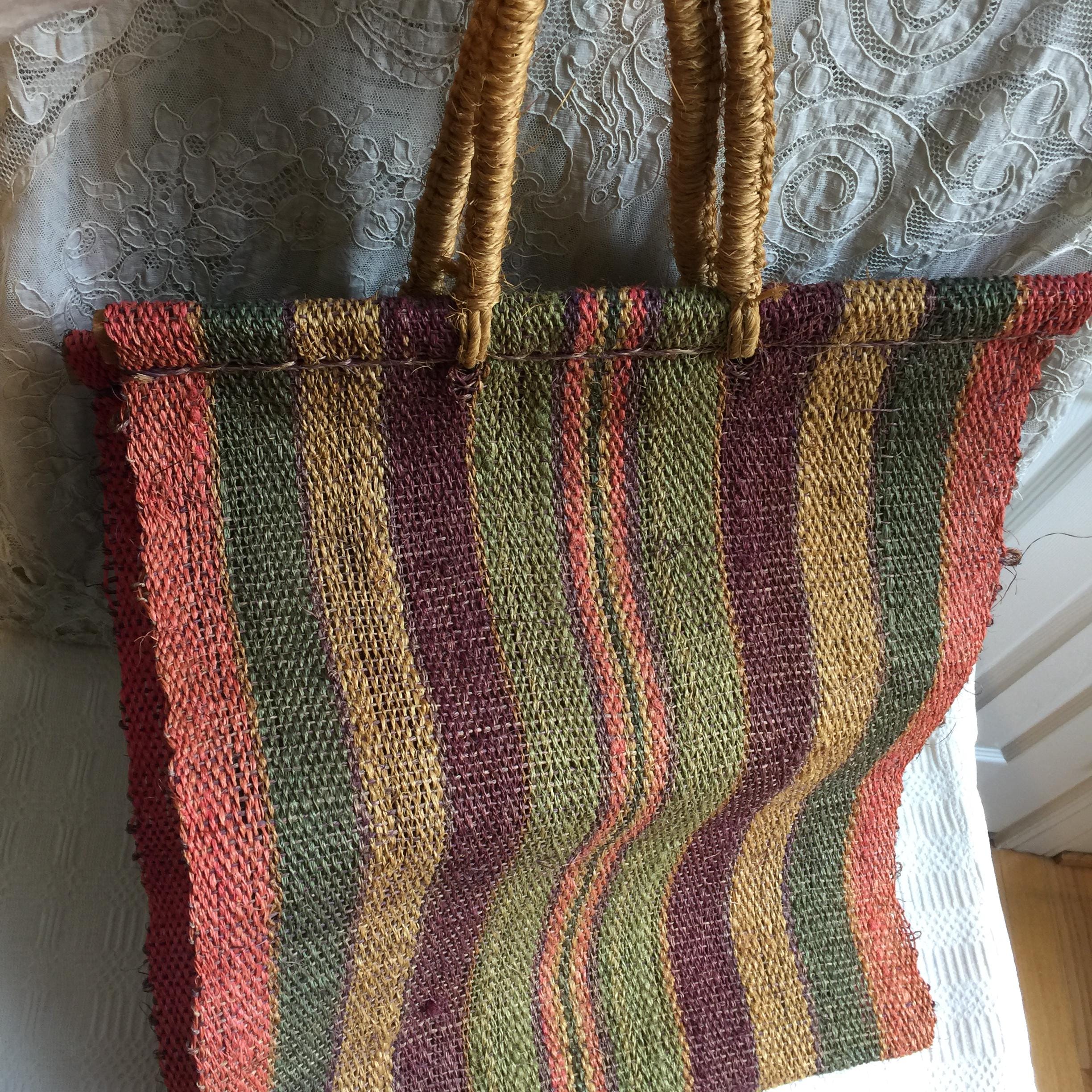 Vintage Hand Woven Jute Open End Carrier Bag With Wood Handle ...