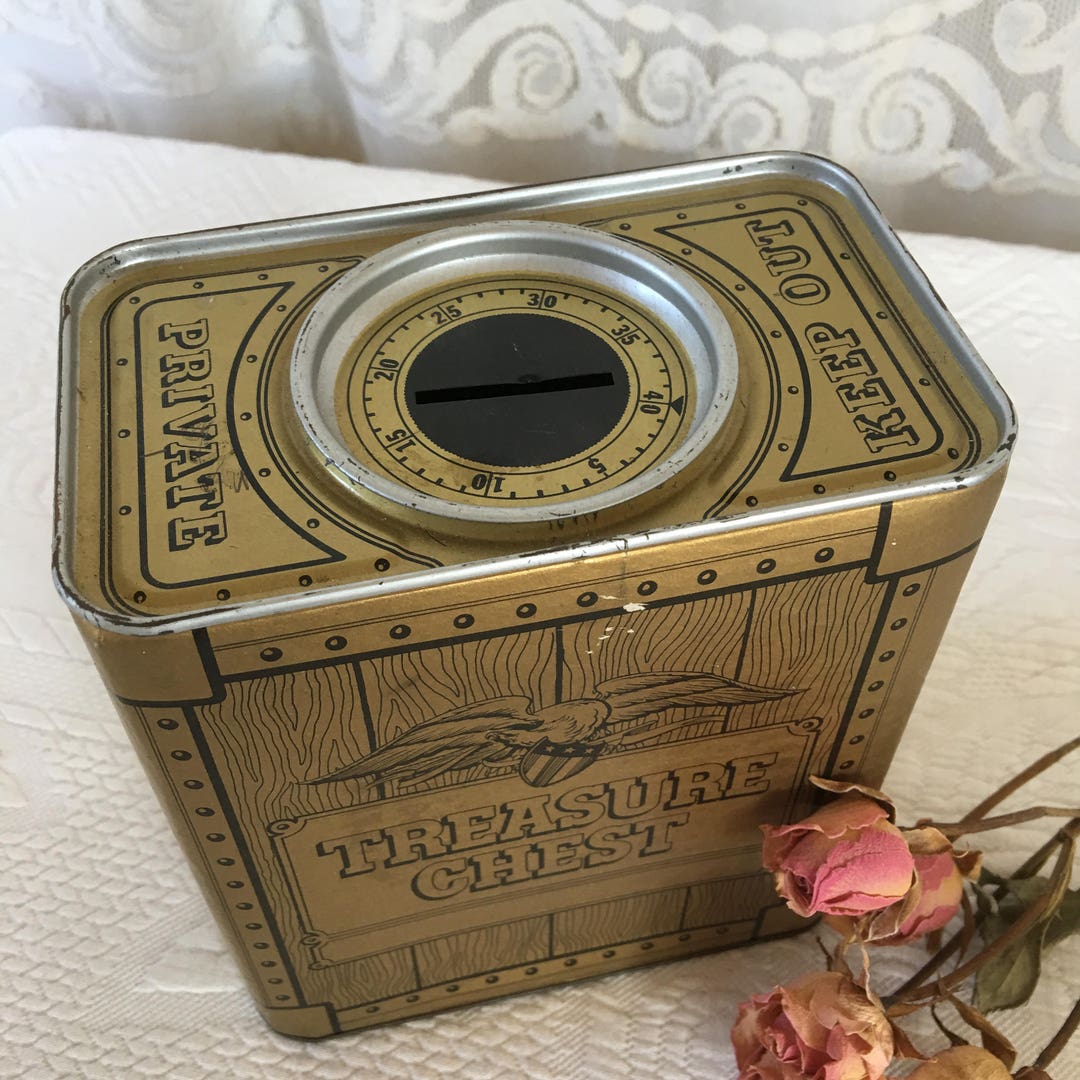 Vintage Treasure Chest Bank Tin. Private Treasure Chest BANK TIN. Gold ...