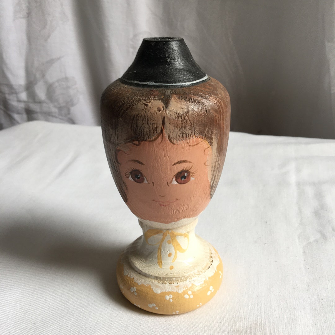 Vintage Wood Finial Lady Figurine. Hand Painted Lady With Black Hat and ...