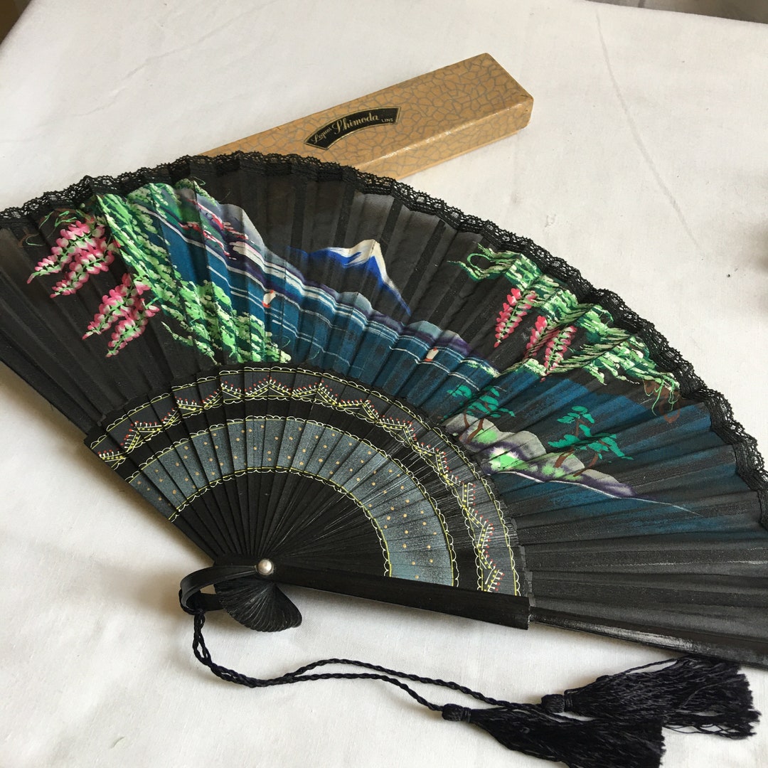 Vintage Hand Painted Silk and Wood Fan. Mountains, Water, Trees ...