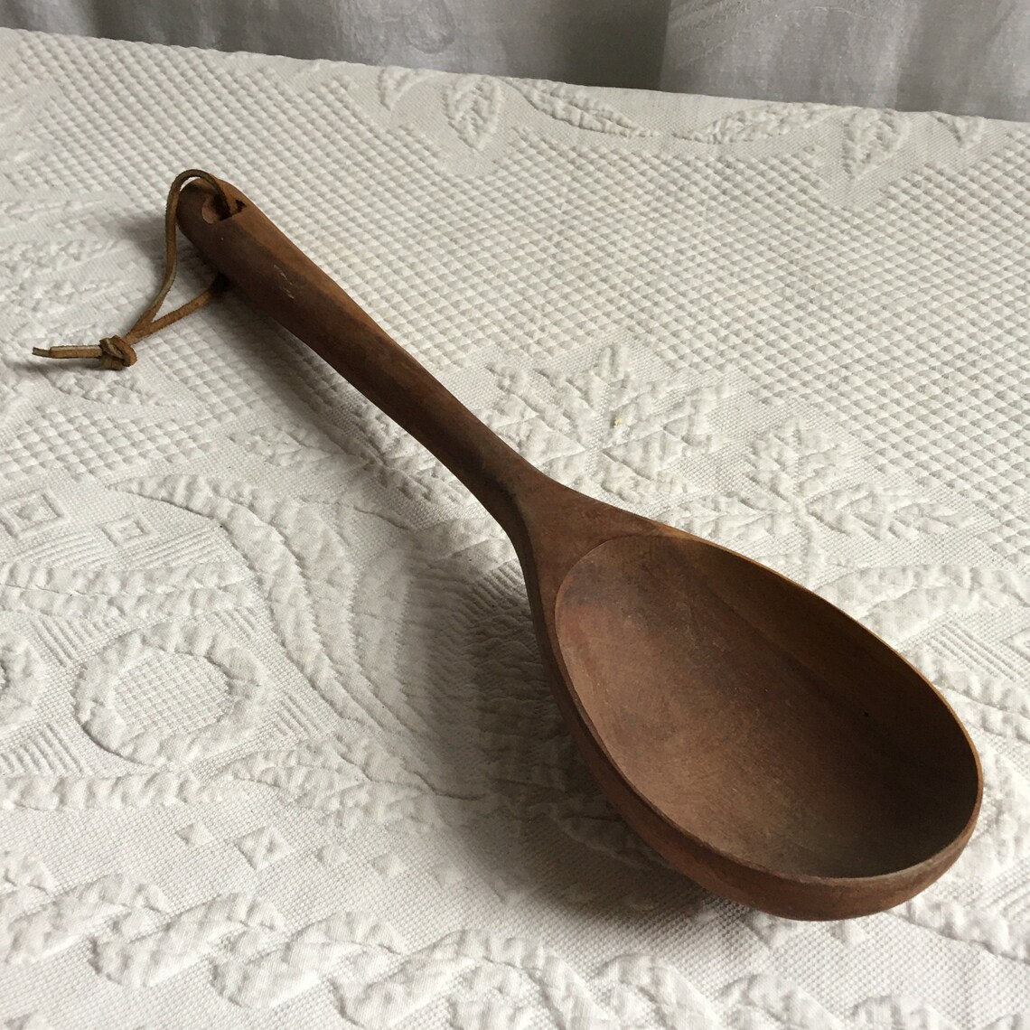 Vintage Wooden Bowl Spoon With Hole in End of Handle With Leather Strap ...