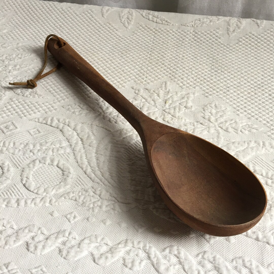 Vintage Wooden Bowl Spoon With Hole in End of Handle With Leather Strap ...