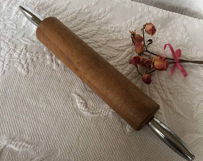 Vintage Large Wooden and Metal Rolling Pin. Cool Metal Handles With Red ...