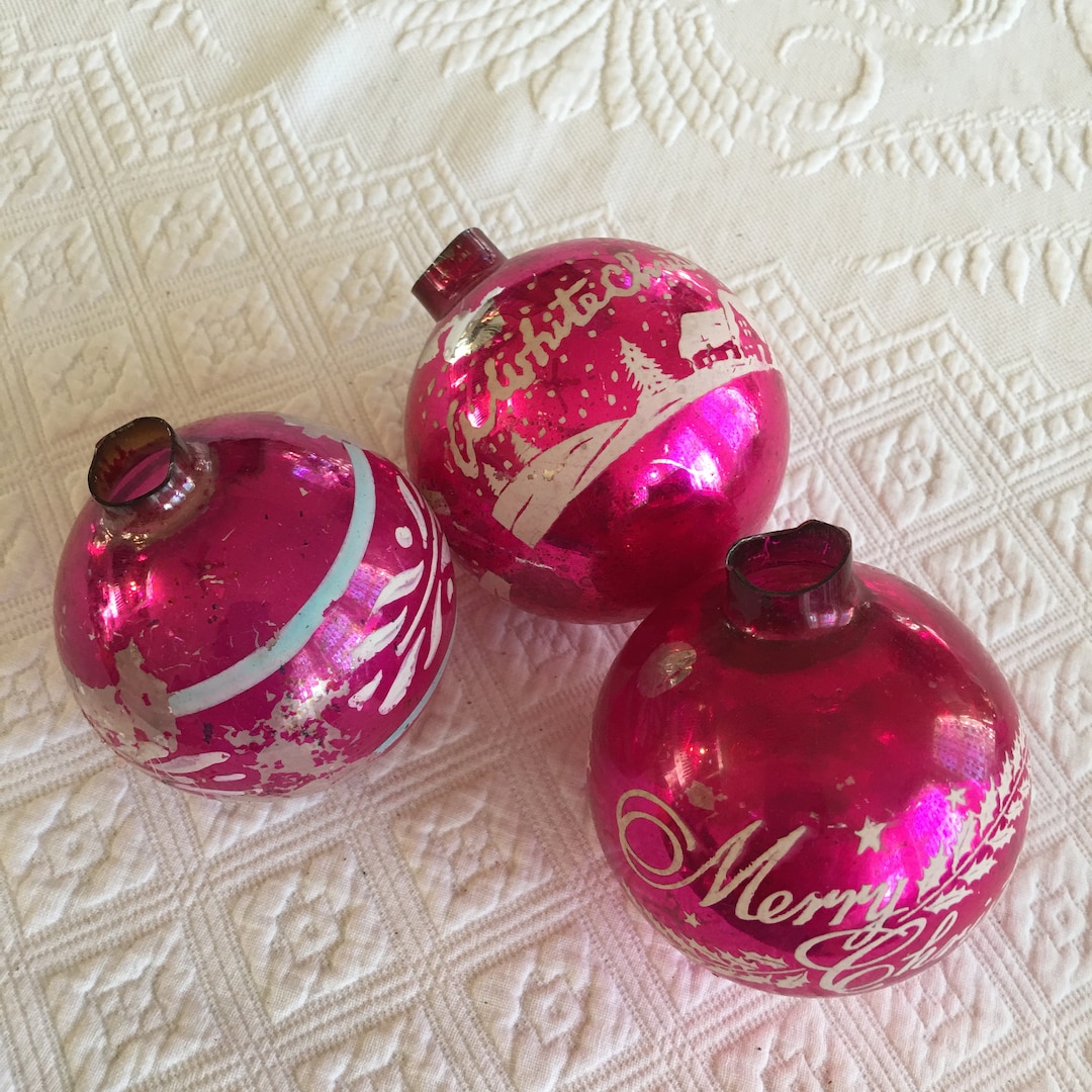Vintage 1950s 3 Shiny Brite Ornaments Merry Christmas Holly Branches