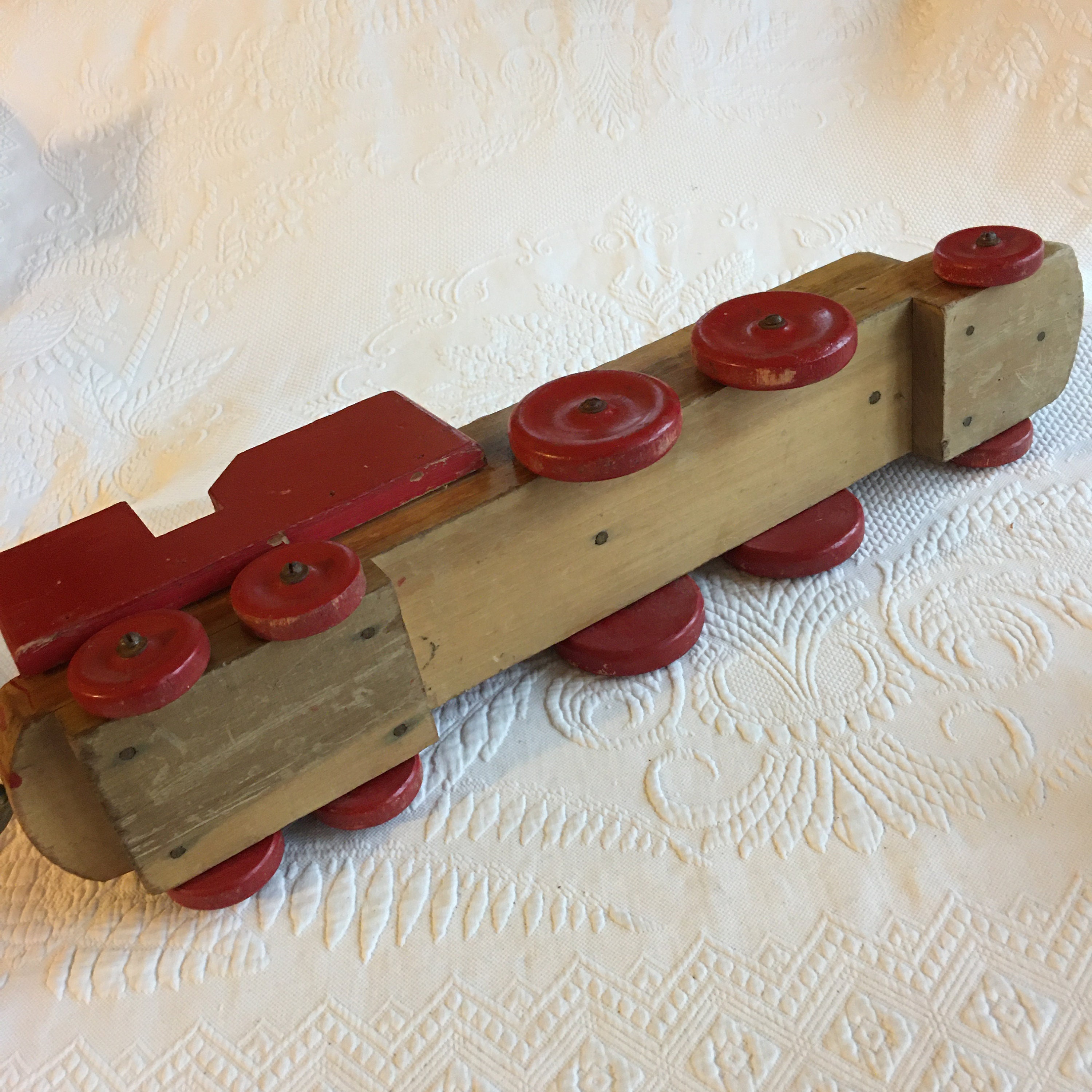 Vintage 4 Car Wood Train. Large Cars, A Red and Natural Wood Engine, A ...