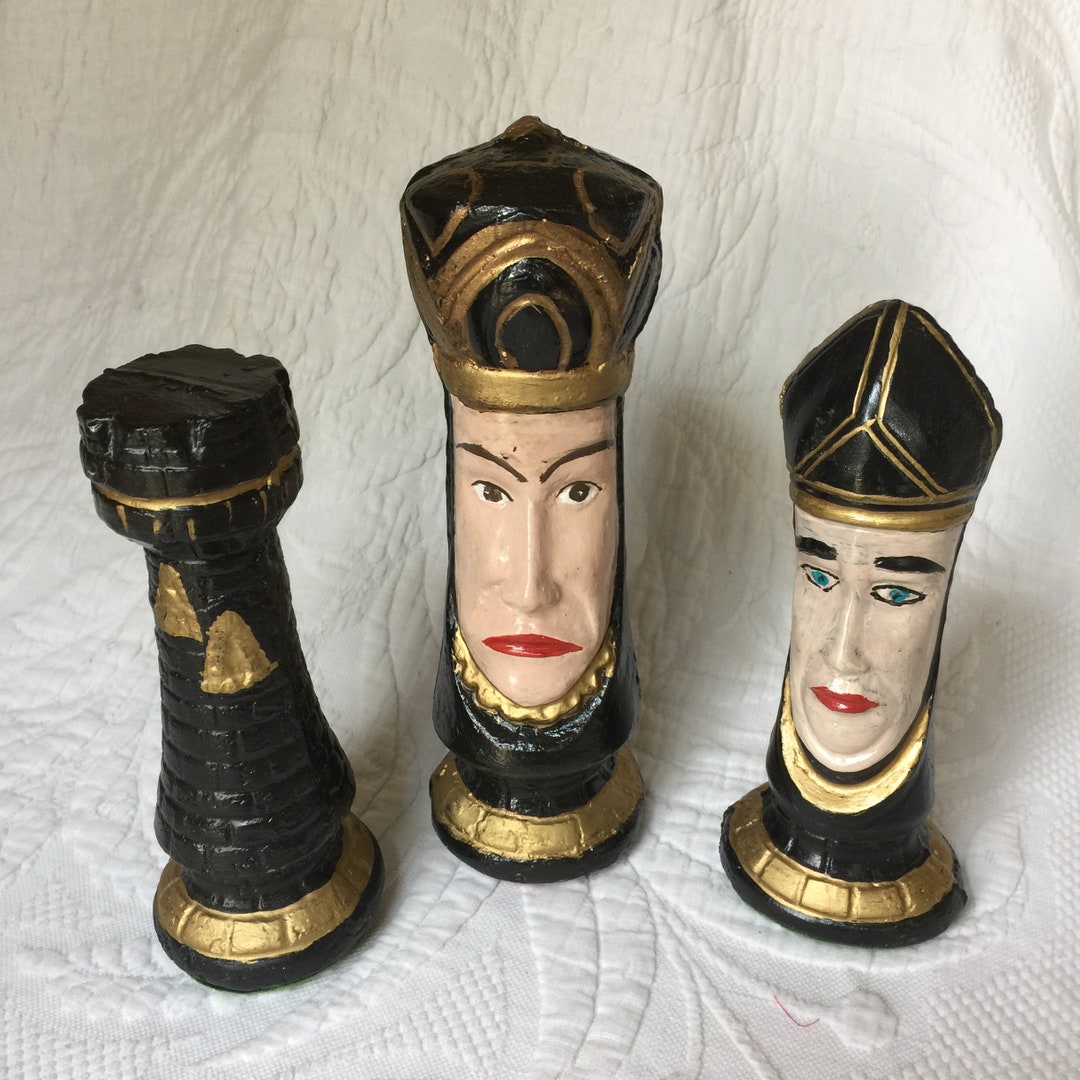 Vintage Chess Pieces Handmade, Queen, King and Castle. Great Shelf ...