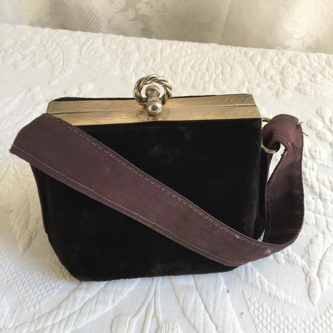 Vintage Brown Velvet Flat Bottomed Purse With Grosgrain Double Ribbon ...