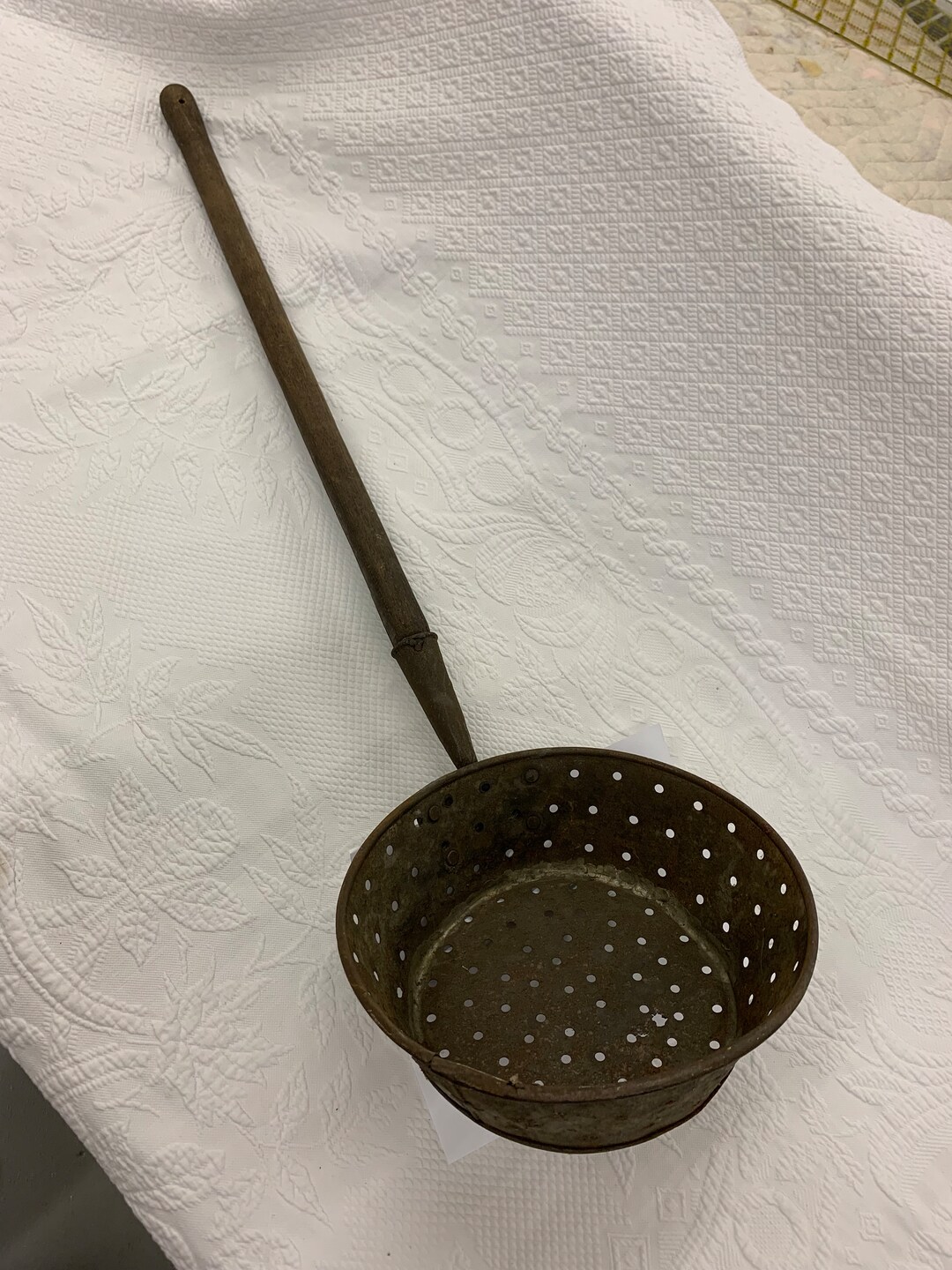 Antique Iron Straining Ladle. Straight Handle With Hole to Hang. Dark ...