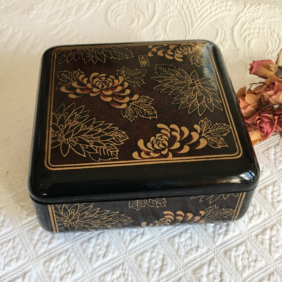 Vintage Square Shiny Black Plastic Box With Gold and Red - Etsy