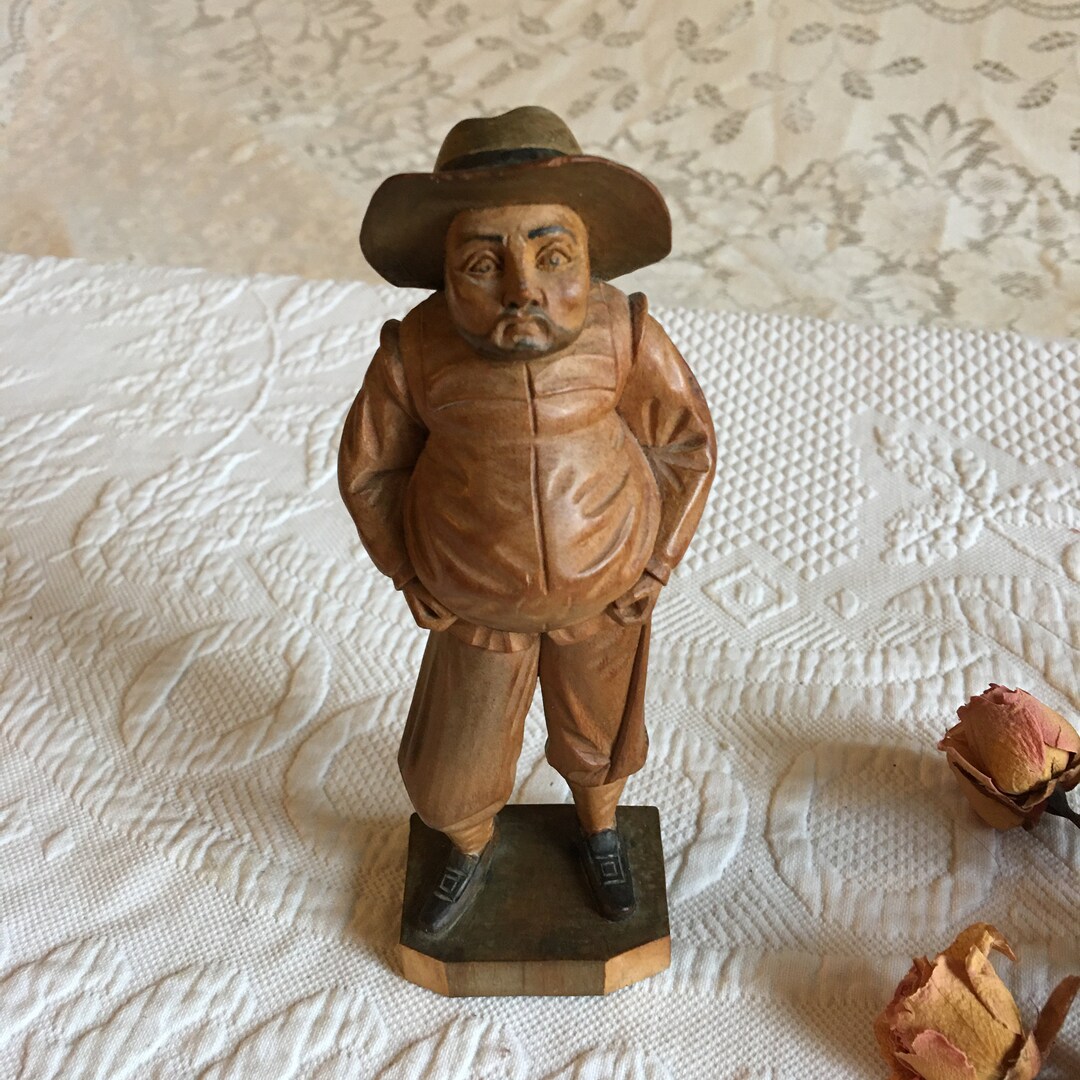 Vintage Hand Carved Man With Potbelly. Wearing Jacket, Hat and Knee ...