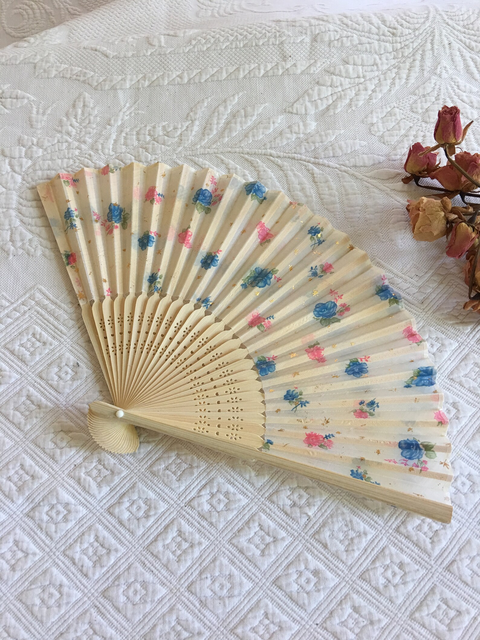 Silk and Wood Hand Fan. Openwork Design on Wood With Floral Designs and ...