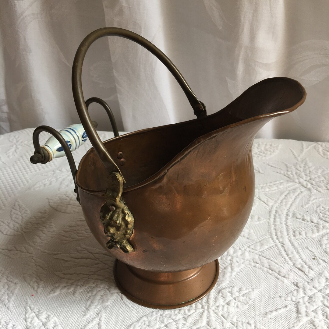 Vintage Copper Dutch Helmet Coal Bucket Scuttle. Copper Base, Brass Top ...