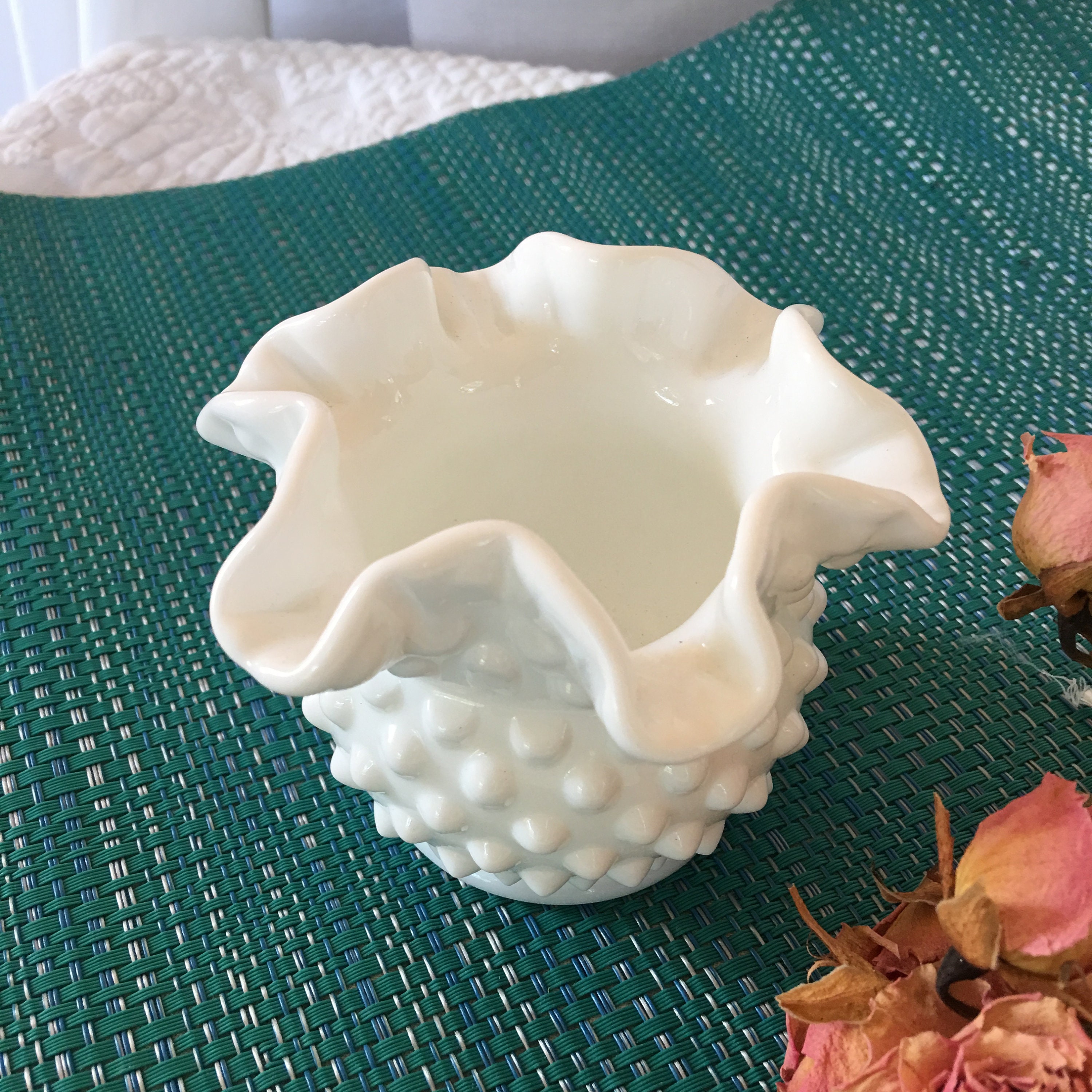 Vintage Fenton White Vase. Ruffled Upper Edge and Hobnail | Etsy