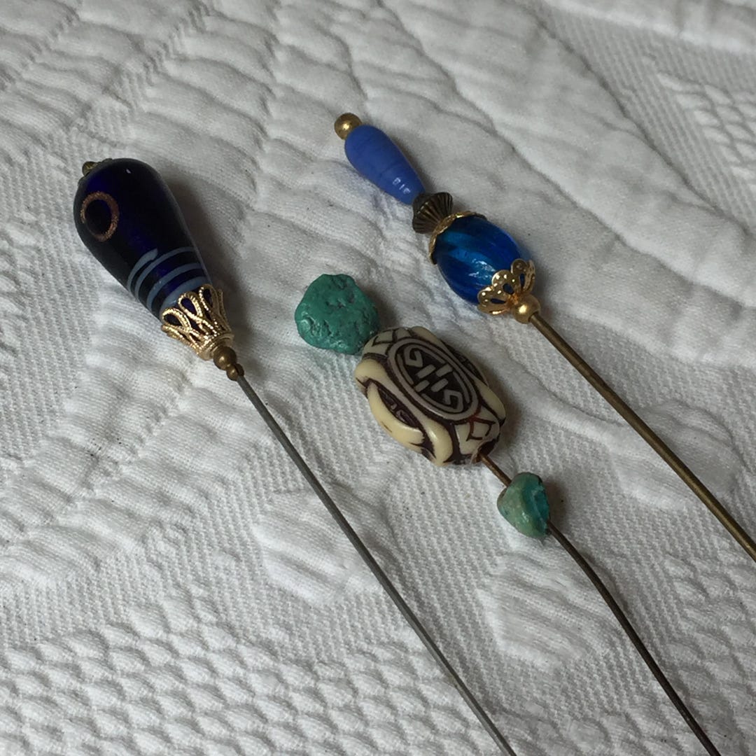Vintage Long Hat Pin. Choose Blue Blown Glass, or Blue Beads, or Real ...
