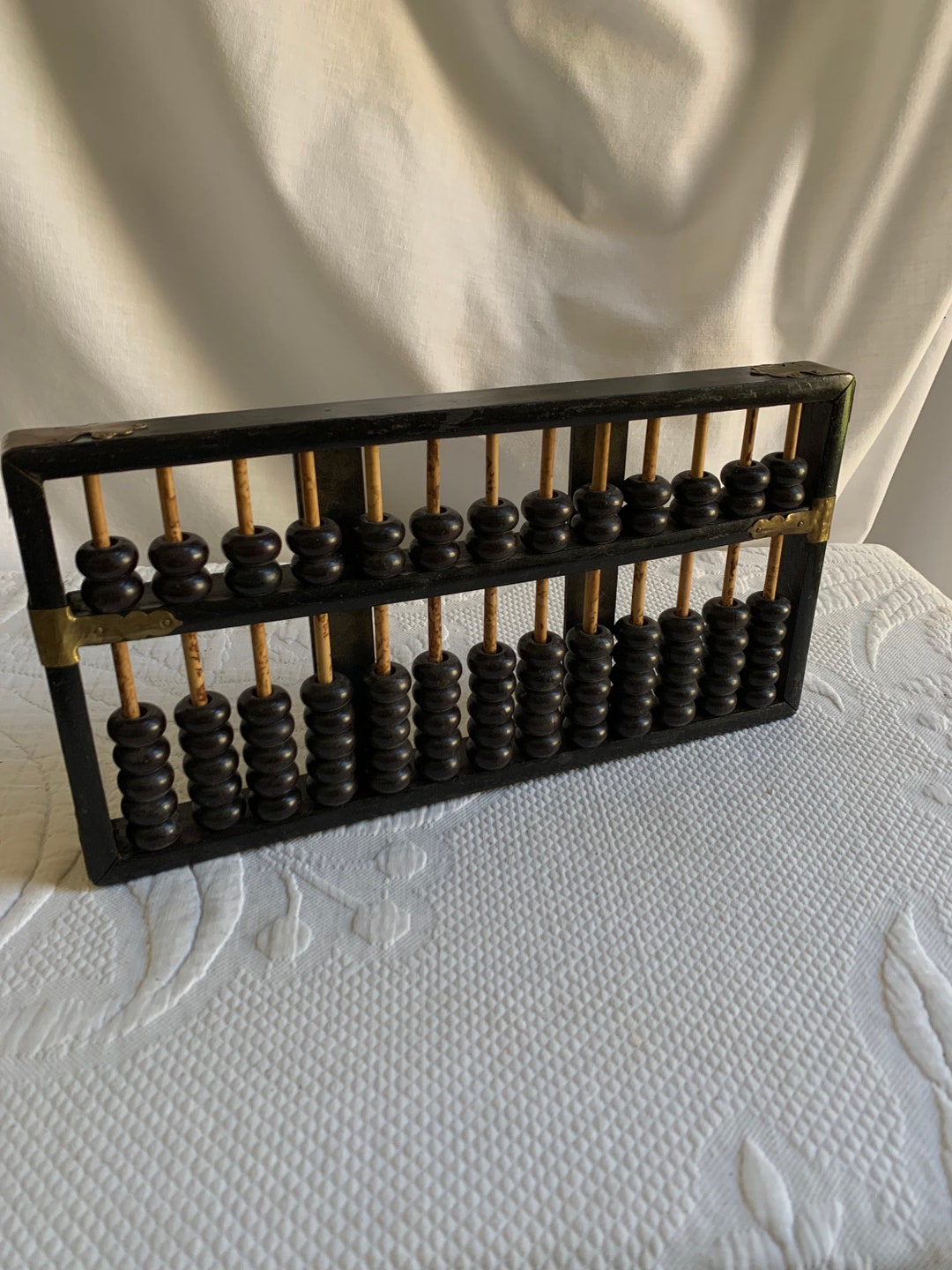 Vintage Wood Abacus With Brass Decorations. Black Wood Beads and Frame ...